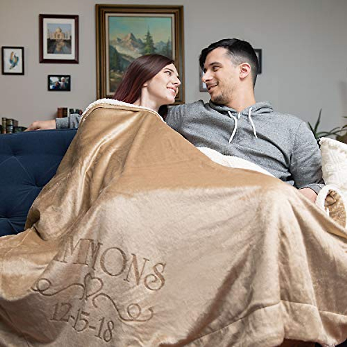 Custom Catch Housewarming Gift Idea for New Home - Personalized Throw Blanket Present Decorated with Scroll and Family Name