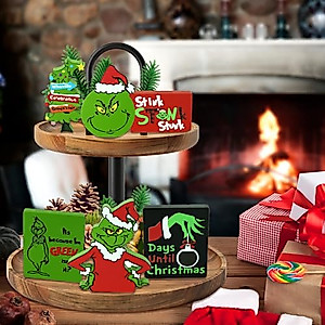 Christmas Tiered Tray Decor Green Tiered Tray Decoration Christmas Tree Wooden Signs Decorations for Farmhouse Home Tabletop Shelf