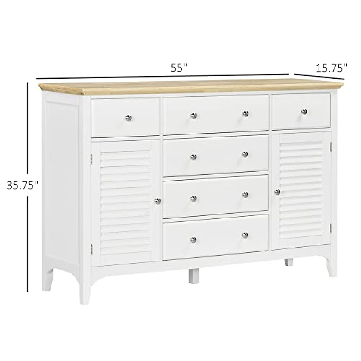 HOMCOM Modern Sideboard with Drawers, Buffet Cabinet with Storage Cabinets, Rubberwood Top and Adjustable Shelves for Living Room, Kitchen, TV Stand up to 60 Inches, White