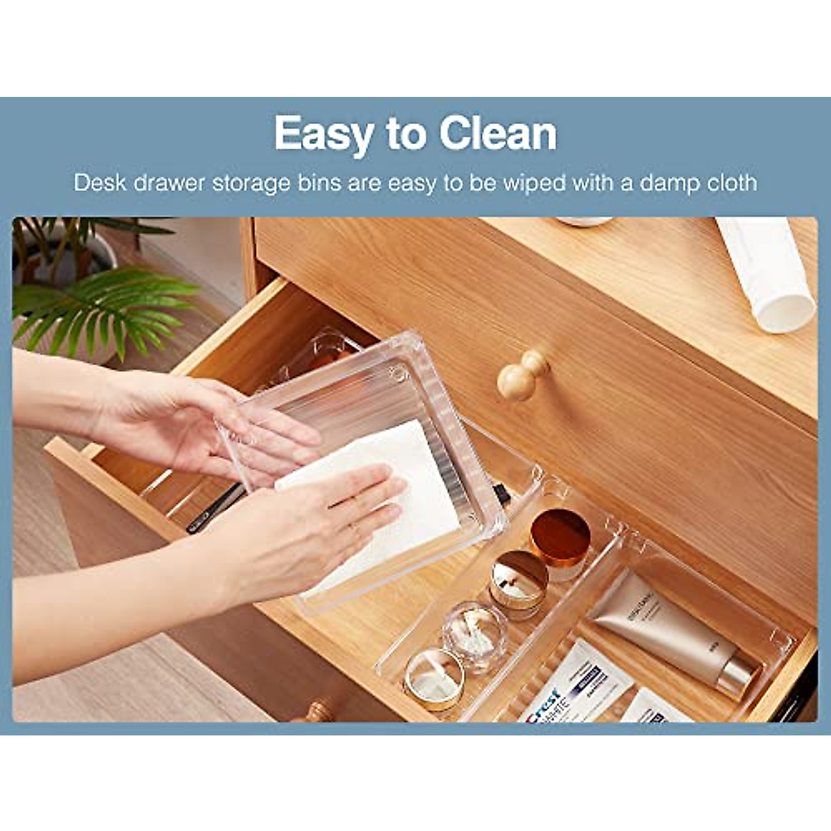 Puroma 10Pcs Drawer Organizer Set 5-size Versatile Vanity and Bathroom Drawer Organizers, Clear Plastic Desk Drawer Organizer Trays and Customize Layout Storage Bins for Makeup Kitchen Office (Clear)