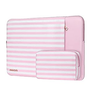 MOSISO Laptop Sleeve Compatible with MacBook Air/Pro, 13-13.3 inch Notebook, Compatible with MacBook Pro 14 inch 2023-2021 A2779 M2 A2442 M1, Horizontal Stripe PU Leather Bag with Small Purse, Pink