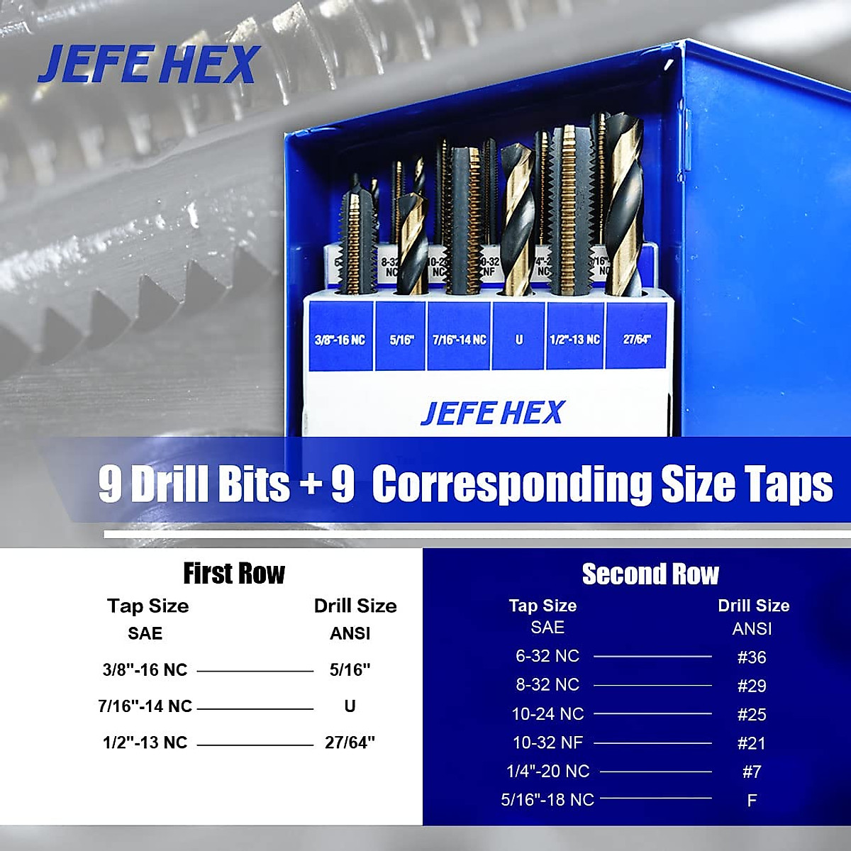 JEFE HEX 18-Piece Drill and Tap Set with 1 Piece T-Handle Ratchet Tap Wrench Capacity Range #0-1/4", Black and Gold Premium HSS Jobber Length Drill Bits and Hand Plug Taps with Metal Indexed Box