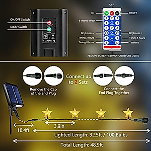 Decute Solar String Lights Outdoor, 100 LED 49ft Star Solar Fairy Lights IP65 Waterproof with Remote, 8 Modes Connectable Solar Christmas Lights for Garden Yard Patio Party Decor, Warm White