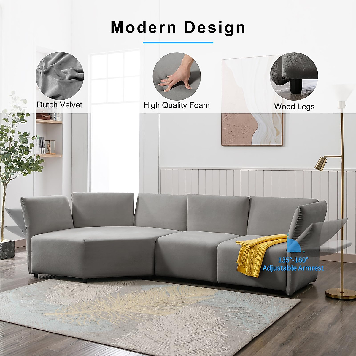 ADOWORE Modern Large Sectional Sofa Couch with Chaise, Special Petal L Shaped Modular Sofa with Adjustable Armrest and Backrest, Premium Velvet Sectional Couch for Living Room
