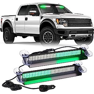 XRIDONSEN Emergency Dash Strobe Lights 144 LED Green White Warning Hazard Safety 2x 14.5 inch Front/Rear Interior Windshield Lights w/Suction Cups Deck Split Mount for Firefighter Vehicles Trucks