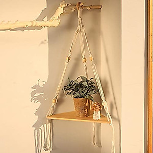 loensy Macrame Hanging Shelf Corner Rope Shelf Floating Shelf for Bookshelf Indoor
