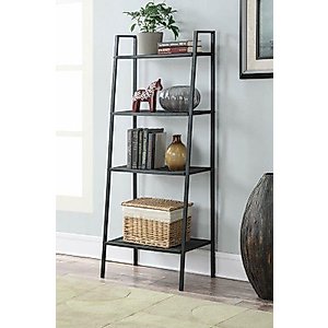 4 Tier Heavy Duty Metal Leaning Ladder Shelf Bookcase Bookshelf Storage Shelves, Black
