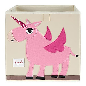 3 Sprouts Kids Childrens 13 Inch Square Felt Green Dragon Foldable Storage Cube Bin with Pink Unicorn Fabric Storage Cube Bin
