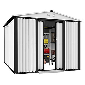 Betterland Outdoor Storage Shed 6×8 FT Garden Metal Tool House, Walk-in Steel Double Sloping Roof Shed with Sliding Door for Garden, Lawn, Backyard (White)
