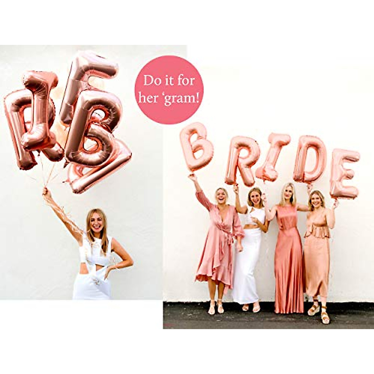 Only the Joy. Bachelorette Party Decorations Kit - Rose Gold Bridal Shower Decor - XL Bride Balloon Letters, Diamond Ring Balloon, Bride Sash, Foil Curtain, Peach and Confetti Balloons + More Supplies