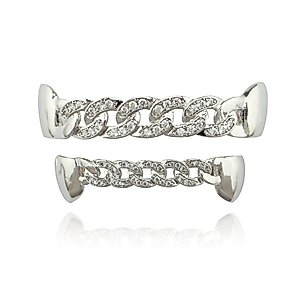 18k Gold Siver Pave CZ Open Face Outline 6 Top and Bottom Grills Teeth