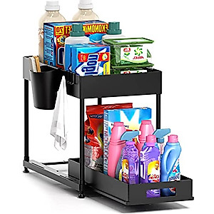 NYYTGE Under Sink Organizer Under Bathroom Cabinet Storage 2 Tier Storage Rack with 4 Hooks, Under Cabinet Organizer Baskets, Multi-purpose Under Sink Shelf Organizer for Bathroom Kitchen