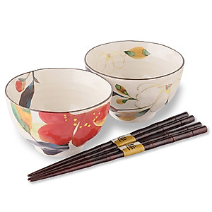 Mino Ware Japanese Rice Bowls with Chopsticks, Set of 2, 200 ml, Modern Kitchen Bowl for Dessert, Cereal, Salad, Soup, Udon, Noodles - Made in Japan