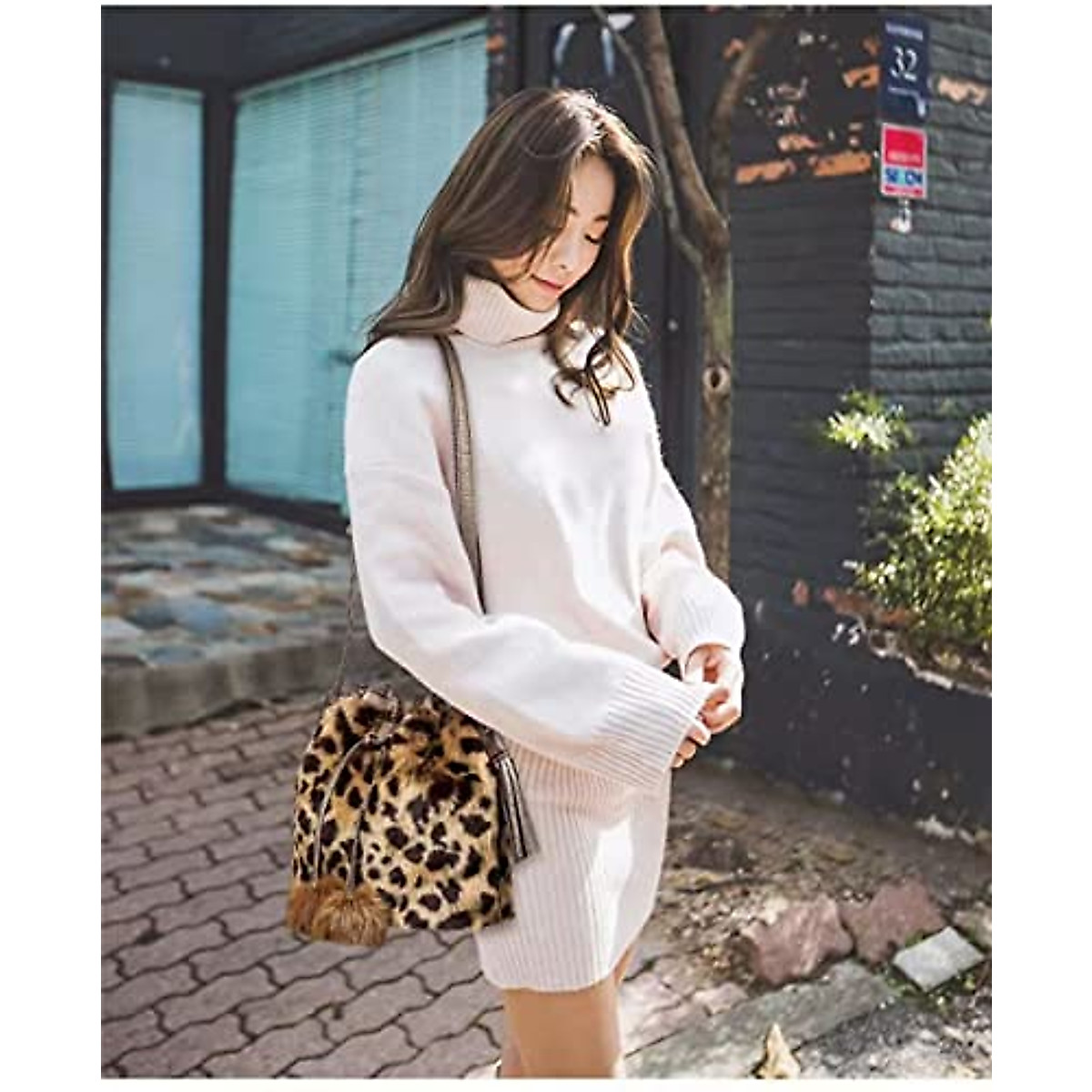 ENYIWH Women Leopard Print Faux Purse Fur Drawstring Bucket Bag Shoulder Crossbody Bag