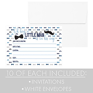 DISTINCTIVS It's a Boy Little Man Themed Baby Shower Invitations - 10 Fill In Invite Cards with White Envelopes - Bowties and Mustaches