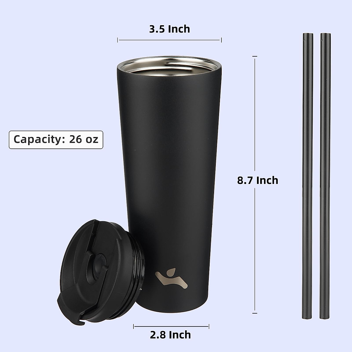 Konokyo 26 OZ Insulated Tumbler with Lid and 2 Straws Stainless Steel Water Bottle Vacuum Travel Mug Coffee Cup,Black