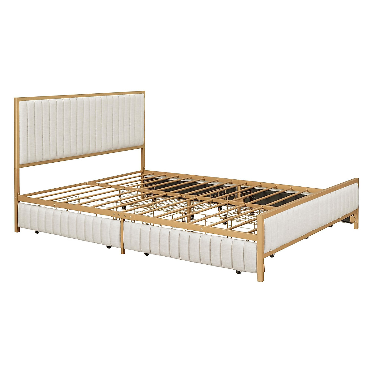 SIYSNKSI Queen Size Metal Frame Upholstered Bed with 4 Drawers, Linen Fabric Platform Bed with Metal Slats Support and Headboard, Storage Platform Bed for Kids Teens Bedroom (Beige + Linen-39)