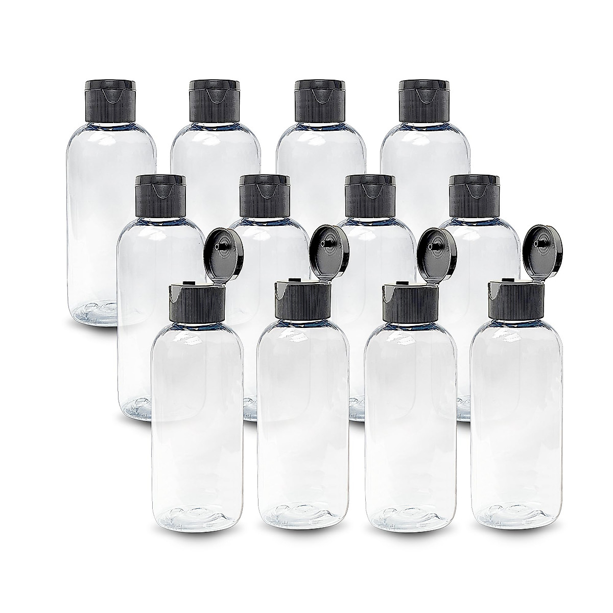 ljdeals 4 oz Clear Plastic Empty Bottles with Black Flip Top Caps, Refillable Cosmetic Containers for Shampoo, Lotions, Cream and more Pack of 12, BPA Free, Made in USA