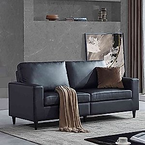 DNYN Modern PU Leather Sofa, Upholstered 3-Seater Couch w/Solid Frame and Wood Legs for Home or Office, Black
