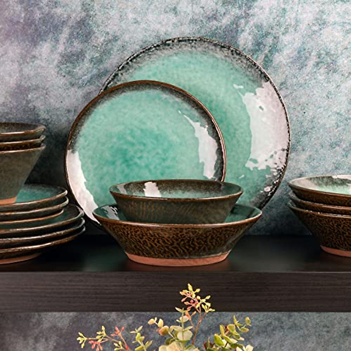 Gibson Elite Green Lantern 16 Piece Double Bowl Dinnerware Set, Teal