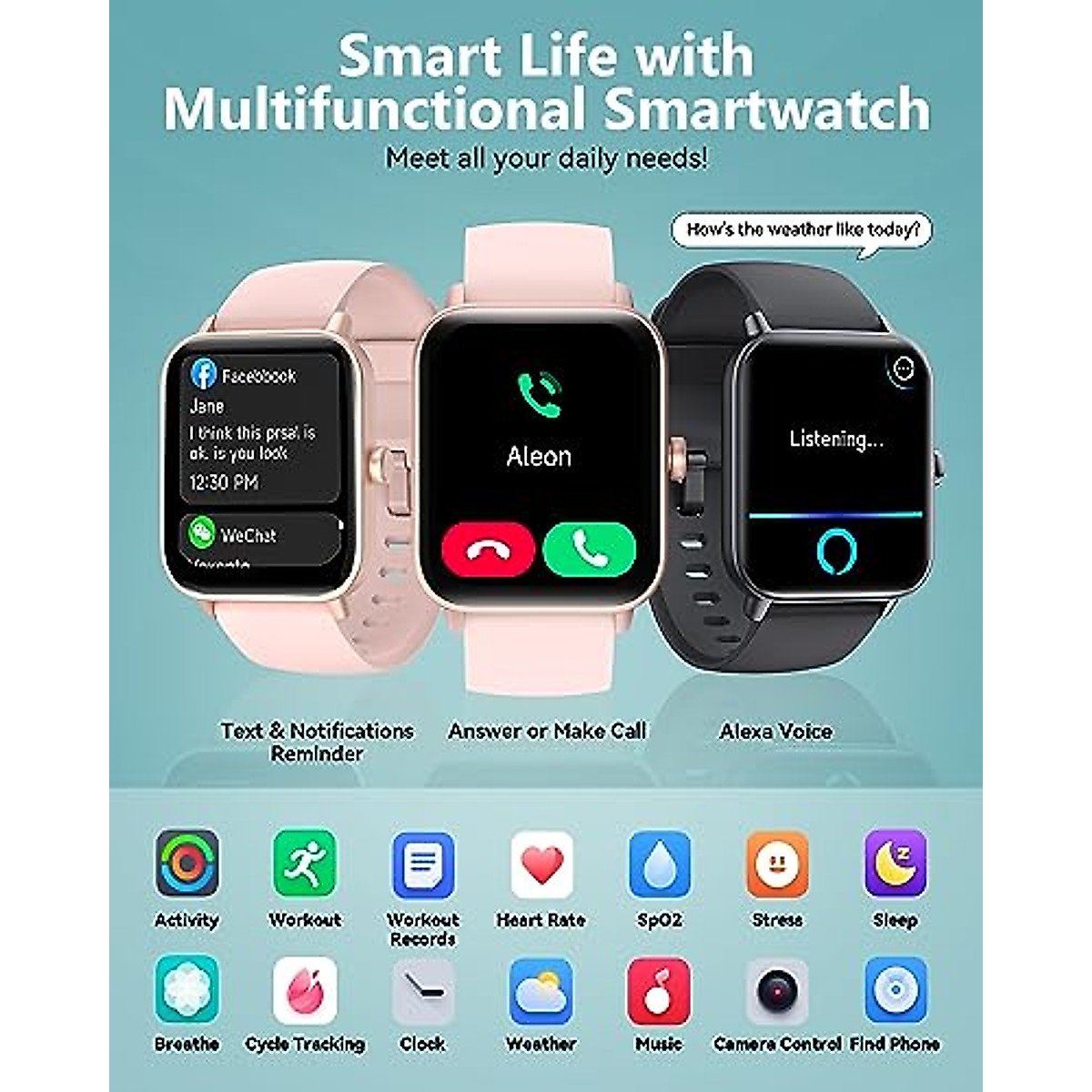 Smart Watch for Women, 1.8 Inch Fitness Watch with Bluetooth Call/Alexa Voice for Android iPhone, Activity Tracker with 100+ Sports, Steps/Calorie/SpO2/Heart Rate/Sleep Monitor, IP68 Waterproof