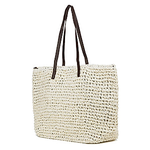 ilishop Women's Classic Woven Straw Tote Summer Beach Weaving Handbag Shoulder Bag (White)