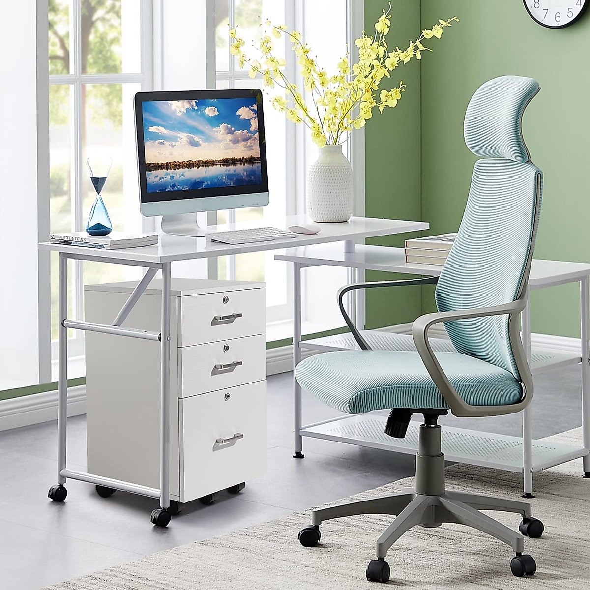 Bonnlo 26" H 3 Drawer File Cabinet with Lock, Rolling File Cabinet Under Desk, Mobile File Cabinets for Home Office, Wood White File Cabinet Printer Stand for Letter Size Hanging/Manila File Folders