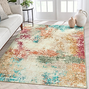 Lahome Modern Abstract Area Rugs 5x7,Washable Colorful Rugs for Bedroom Aesthetic,Low-Pile Soft Carpet Indoor Non-Slip Rug for Living Room Bathroom Playroom Entryway,(Red/Multicolor)