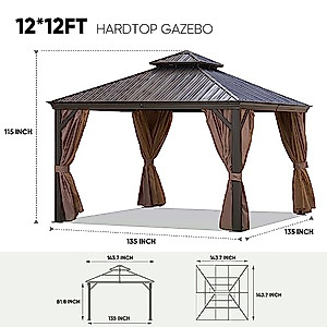 12' x 12' Hardtop Gazebo, Double Roof Permanent Patio Metal Gazebo Canopy with Netting and Shade Curtains, Drainage Ditch Design, Aluminum Pergola for Patio Backyard Deck and Lawns