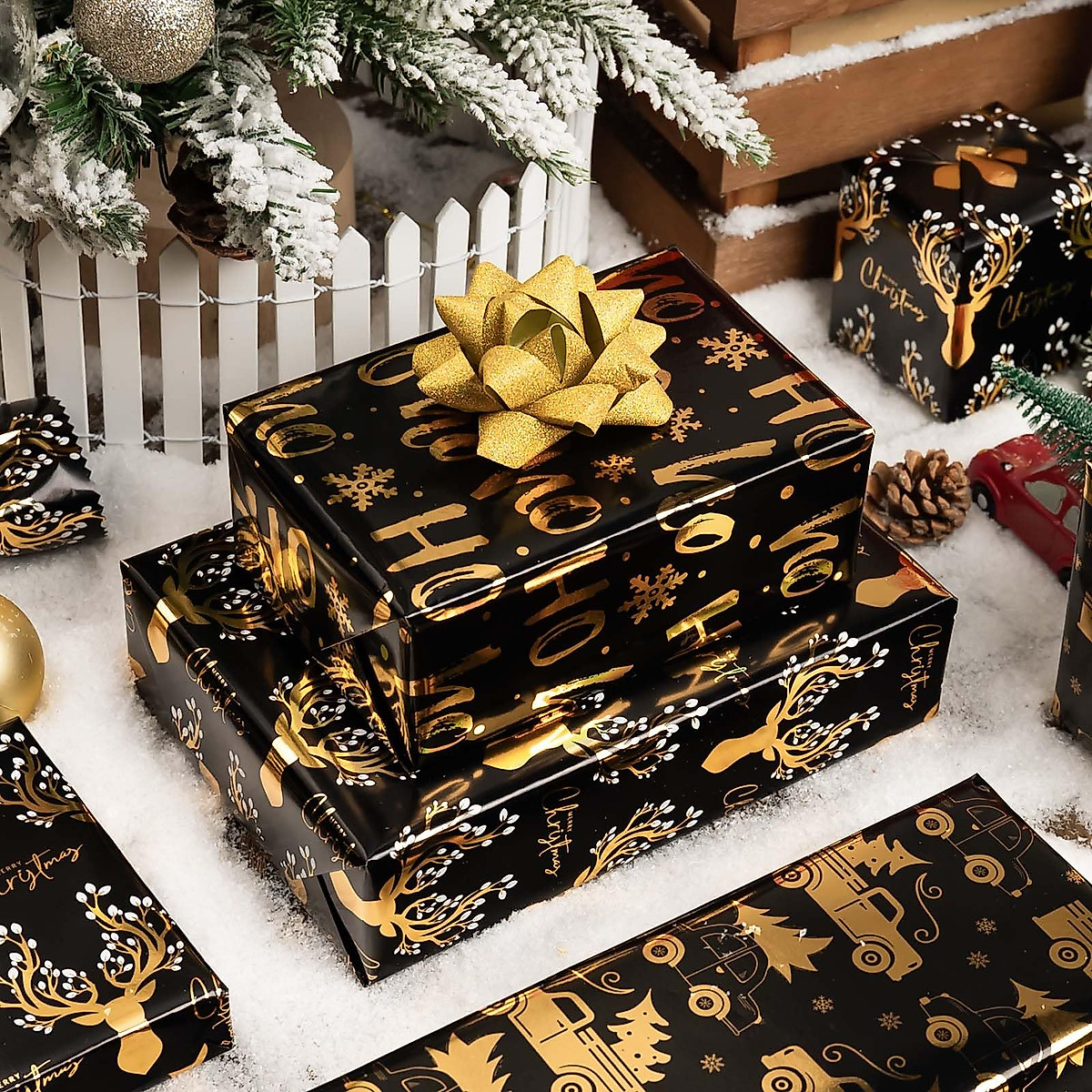 MIMUTI Christmas Wrapping Paper -Black and Gold Gift Wrapping Paper Roll with Cut Lines on Reverse, 17 in x 10 ft Christmas Wrapping Paper Rolls Elk, Ho and Car Design for Holiday, Chrsitmas, Party, Celebration