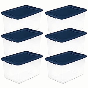 Sterilite 64 Quart Latching Hinged See-Through Plastic Stacking Storage Container Tote with Recessed Lids for Home Organization, Marine Blue (6 Pack)…