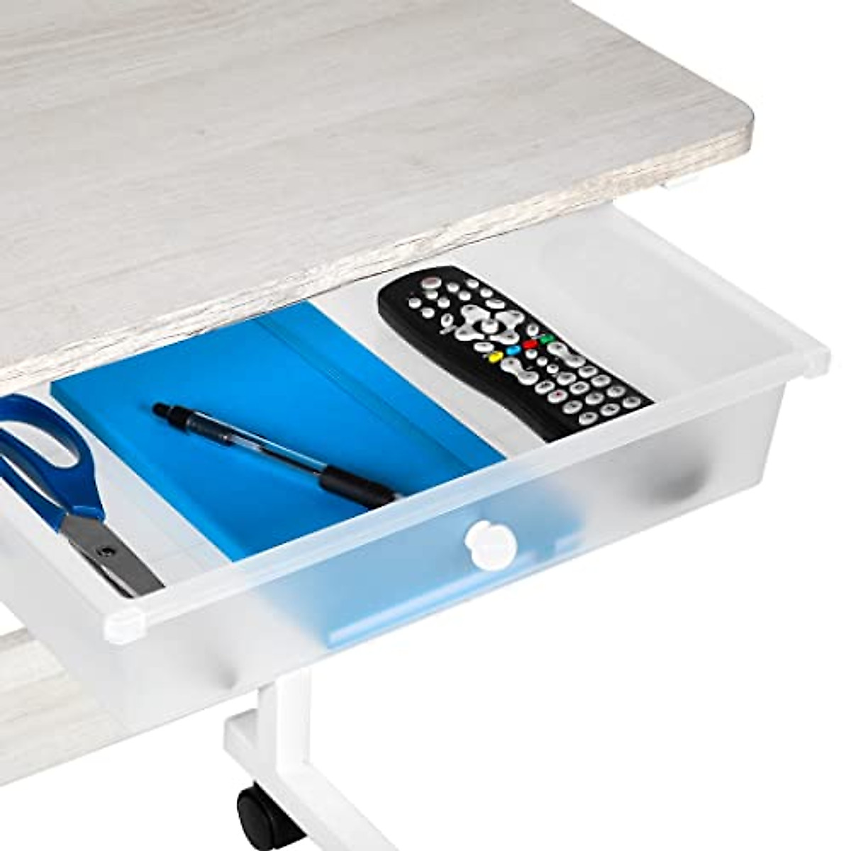 East Bank Designs Adjustable Height Rolling Table, White with Wood Grain Laminate Top