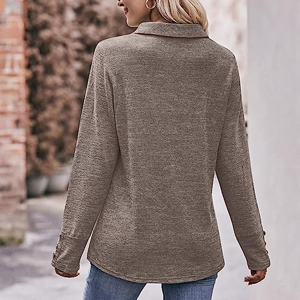 Western Tops for Women Long Sleeve V-Neck T Shirts Solid Color Button Down Blouses Loose Fit Hide Belly Fat Tunics