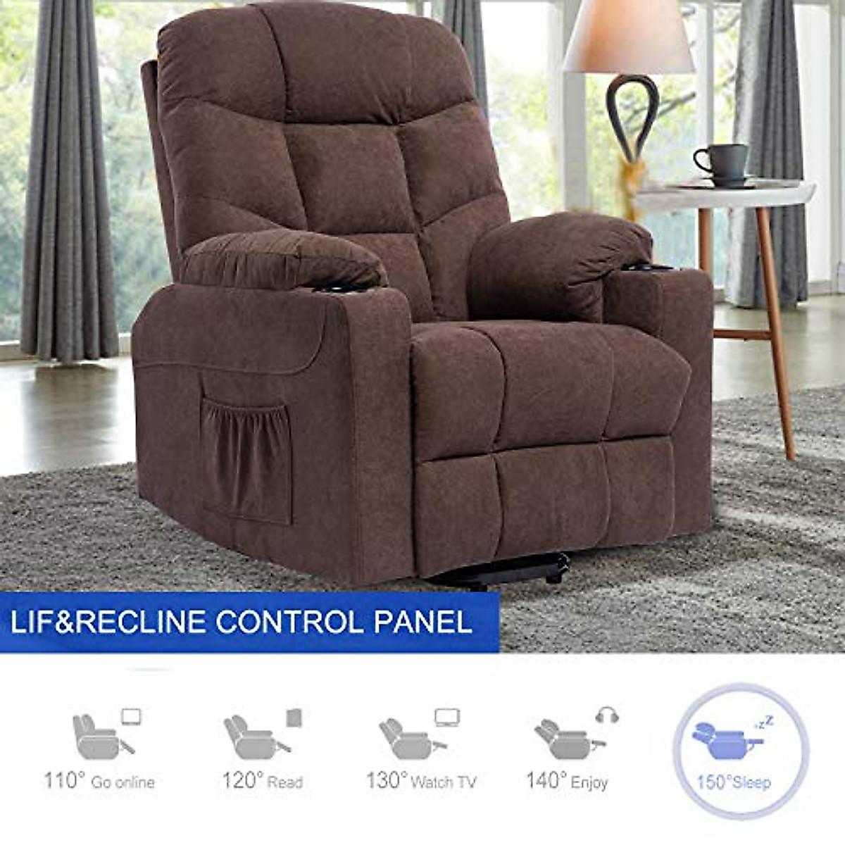 Living Room Power Lift Massage Recliner Chair for Elderly Heated Ergonomic Lounge Fabric Vibratory Massage Chair with Cup Holders/Heating/Remote Control