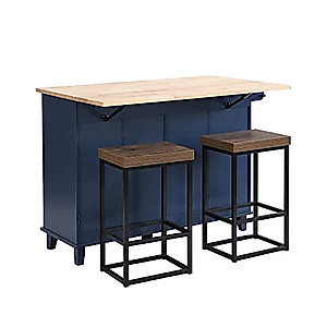 CKLMMC Farmhouse Kitchen Island Set with 2 Stools and Drop Leaf Dining Table with Storage Cabinet, Drawers and Towel Rack for Small Place (Blue+Black+Brown*)