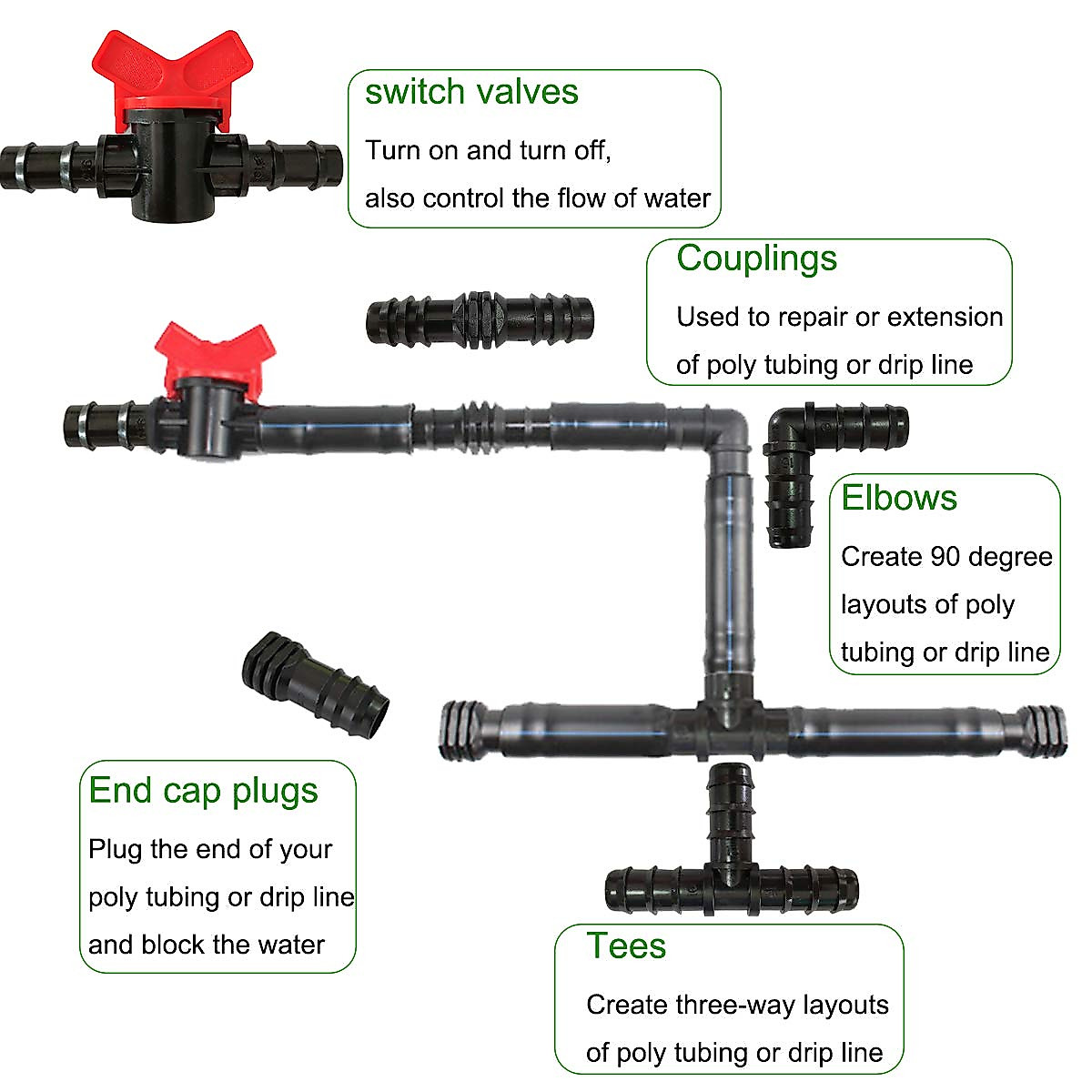 Drip Irrigation Fittings Kit, Irrigation Barbed Connectors for 1/2" Tubing 34 Piece - 2 Switch Valves, 8 Couplings, 8 Tees, 8 Elbows and 8 End Cap Plugs, Irrigation Water Hose Connector 1