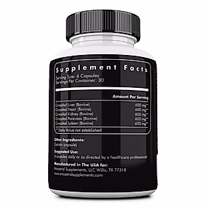 Ancestral Supplements Grass Fed Beef Organ Supplement, Supports Whole Body Wellness with Proprietary Blend of Liver, Heart, Kidney, Pancreas, Spleen, Freeze-Dried Beef, Non-GMO, 180 Capsules