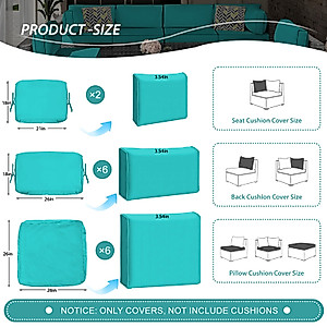 YQNUCO Patio Cushion Covers Replacement, Outdoor Cushion Covers for Patio Furniture Waterproof with Zipper, Washable Wicker Rattan Sectional Sofa Couch Chair Cover Set with Ties (Lake Blue, 14 PCS)