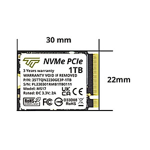 Timetec 1TB M.2 2230 SSD NVMe PCIe Gen3x4 Single Sided Solid State Drive Compatible with Steam Deck, Microsoft Surface pro 9/ pro 8/pro 7+/pro X/laptop3/laptop4/laptop go/book3, Mini PCs