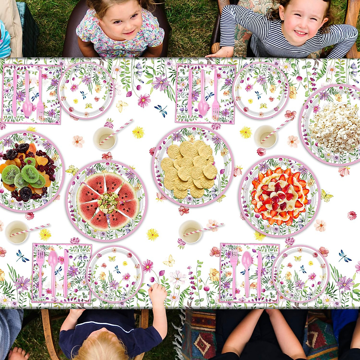 225 Pack Spring Wildflower Party Decorations Floral Tableware Plates Balloons Decorations Wildflower Dinnerware Party Favor for Birthday Baby Shower Bridal Shower Garden Tea Party Serves 20