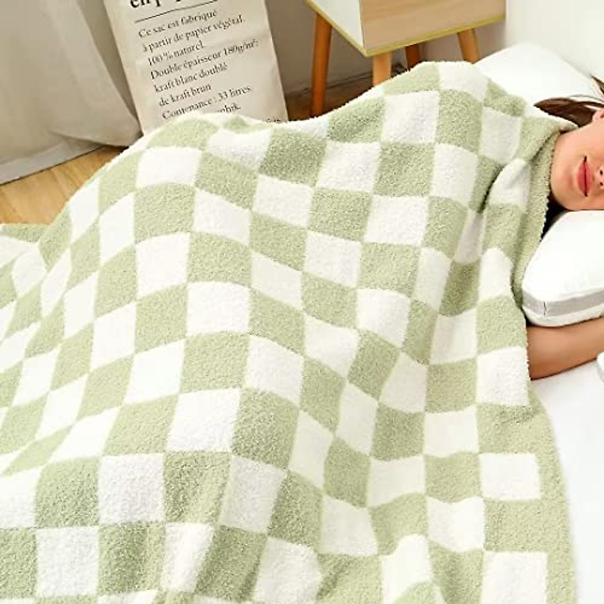 Ultra Soft Checkered Blanket Cozy Buffalo Check Throw Fluffy Knitted Reversible Throw Blanket Lightweight Fleece Checkerboard Grid Blanket for Sofa Couch Bed Travel, Sage Green, 51''x63''