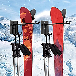 Glensam Ski Storage Rack with Ski Poles Storage Rack Wall Mount Heavy Duty Metal, Holds 2 Pairs Pairs of Skis & Skiing Poles or Snowboard, for Garage Storage, Home Indoor Hold up to 100 lbs