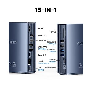 ORICO MacBook Docking Station for MacBook Pro M1, Mac, Window, 15 in 1 USB C Triple Display Docking Station with Dual Moniter 4K HDM, 8 USB Ports, Display Port, 100W PD, RJ45, 3.5mm Audio, TF/SD