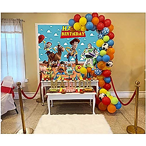 Cartoon Toy Story Birthday Party Theme Photography Backdrops Blue Sky White Clouds Banner Kids Birthday Party Photo Background Cake Table Decoration Supplies Studio Booth Props 5x3ft Vinyl