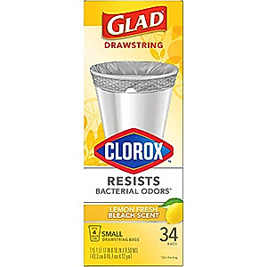Glad Small Drawstring Trash Bags with Clorox, 4 Gallon Grey Trash Bags, Lemon Fresh Bleach Scent, 34 Count (Package May Vary)