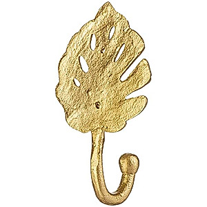 MyGift Vintage Gold Leaf Design Wall Hanging Hooks, Metal Monstera Leaves Wall Mounted Entryway Storage Coat Hooks, Set of 4 - Handcrafted in India