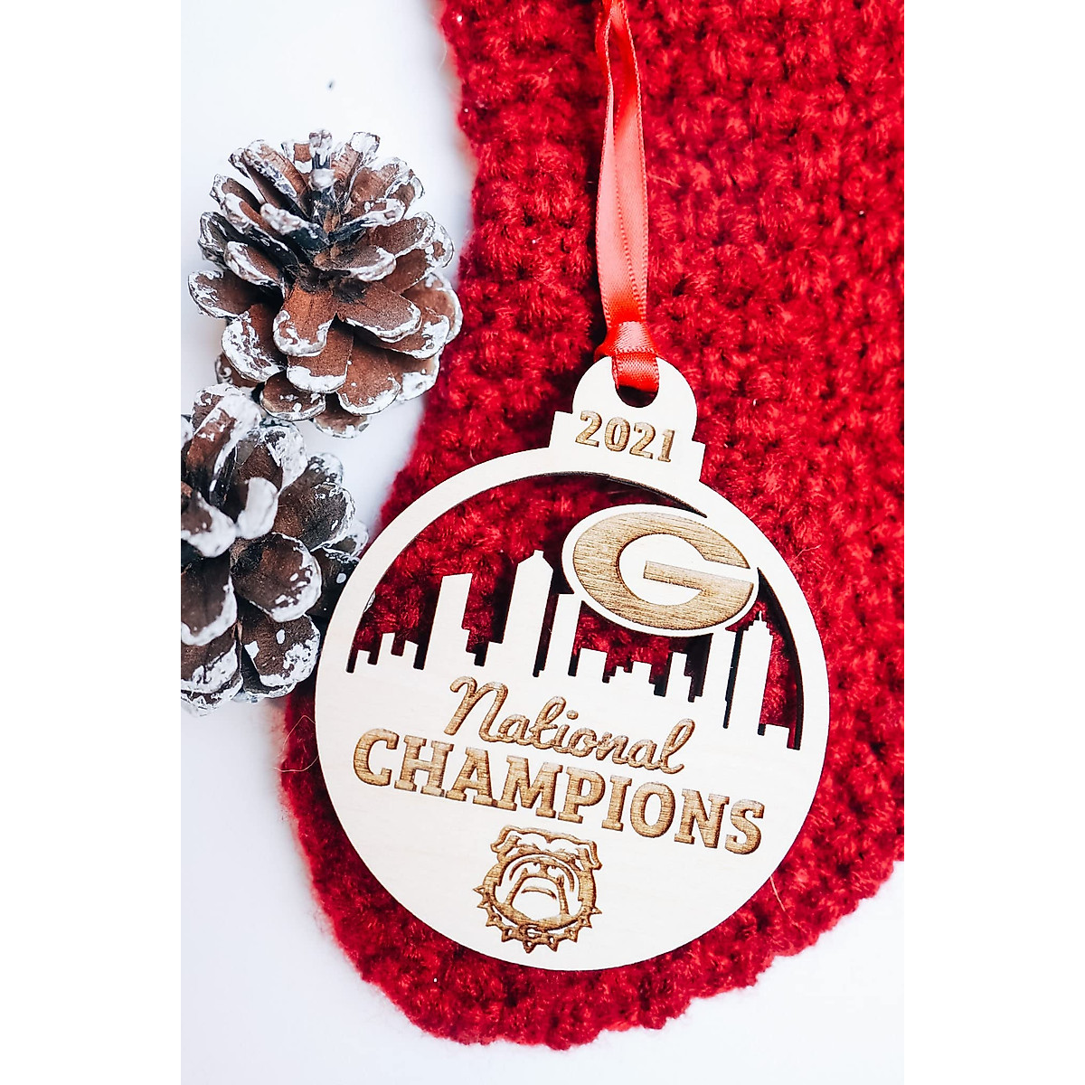 Georgia B U L L D O G S 2021 CFB National Champions SKYLINE Christmas Ornament Christmas Tree Decor Wood Engraved Ornament