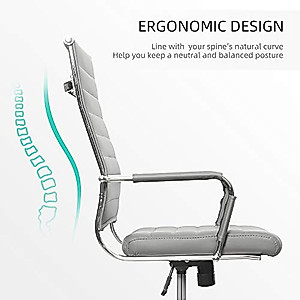 Okeysen Grey Office Desk Chair, Ergonomic Leather Modern Conference Room Chairs, Executive Ribbed Adjustable Swivel Rolling Chair for Home Office.