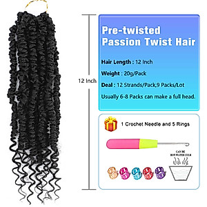 Passion Twist Crochet Hair,12 Inch 9 Packs Pretwisted Passion Twist Hair, Soft Pre Looped And Pre twist Crochet Hair For Women，Short Black Curly Crochet Braids(12",1B#)