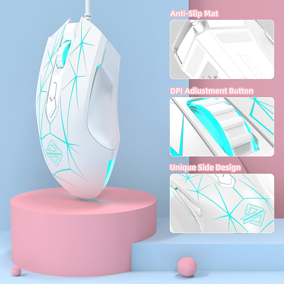 FELICON RGB Lightweight Gaming Mouse, Programmable 7 Buttons, Ergonomic LED Backlit USB Gamer Mice Computer Laptop PC, for Windows Mac OS Linux(Star White)